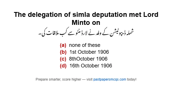 The delegation of simla deputation met Lord Minto on. | Past Papers MCQs
