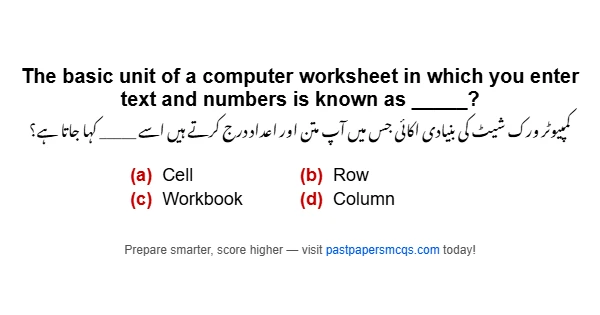 Excel Worksheet Components and Structure | Past Papers MCQs