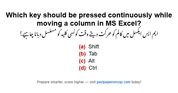 Excel Column Movement Shortcuts | Past Papers MCQs