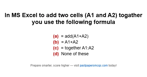 Basic Arithmetic Operations in Excel | Past Papers MCQs