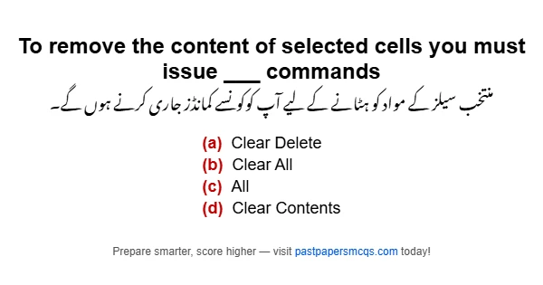 Removing Cell Content in Microsoft Excel | Past Papers MCQs