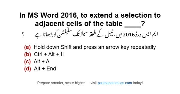 Table Selection Shortcut Keys | Past Papers MCQs
