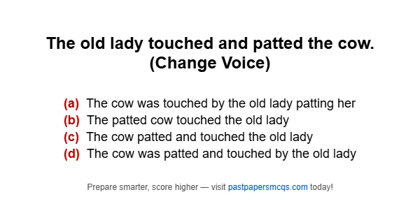 The old lady touched and patted the cow. (Change Voice). | Past Papers MCQs