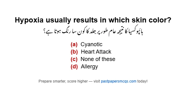 Hypoxia usually results in which skin color? | Past Papers MCQs