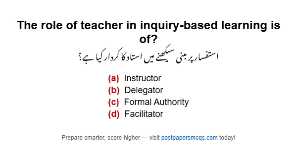 The role of teacher in inquiry-based learning is of? | Past Papers MCQs