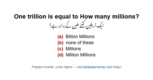 One trillion is equal to How many millions? | Past Papers MCQs